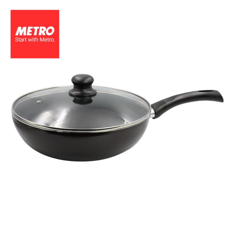 Metro Cookwares Wok Pan with Glass Lid 28cm Aluminum Non Stick BK 5326 ...