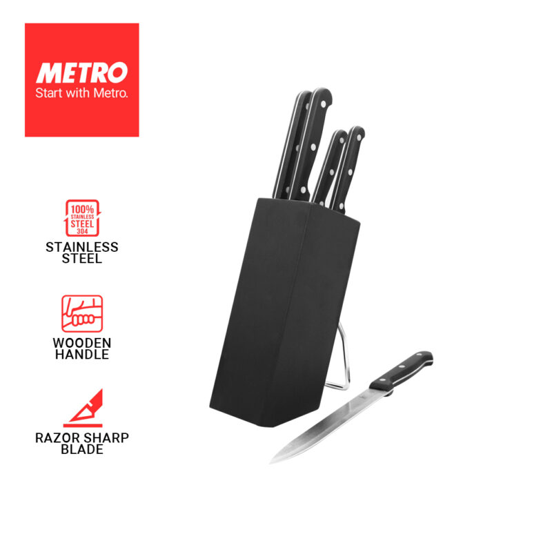 Metro Cookware 6pcs Knife Wooden Block Set, Black Handle Stainless ...