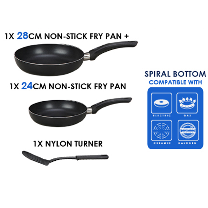 Set of 3pcs Metro Cookwares Fry Pan 24cm & 28cm with Nylon Turner ...